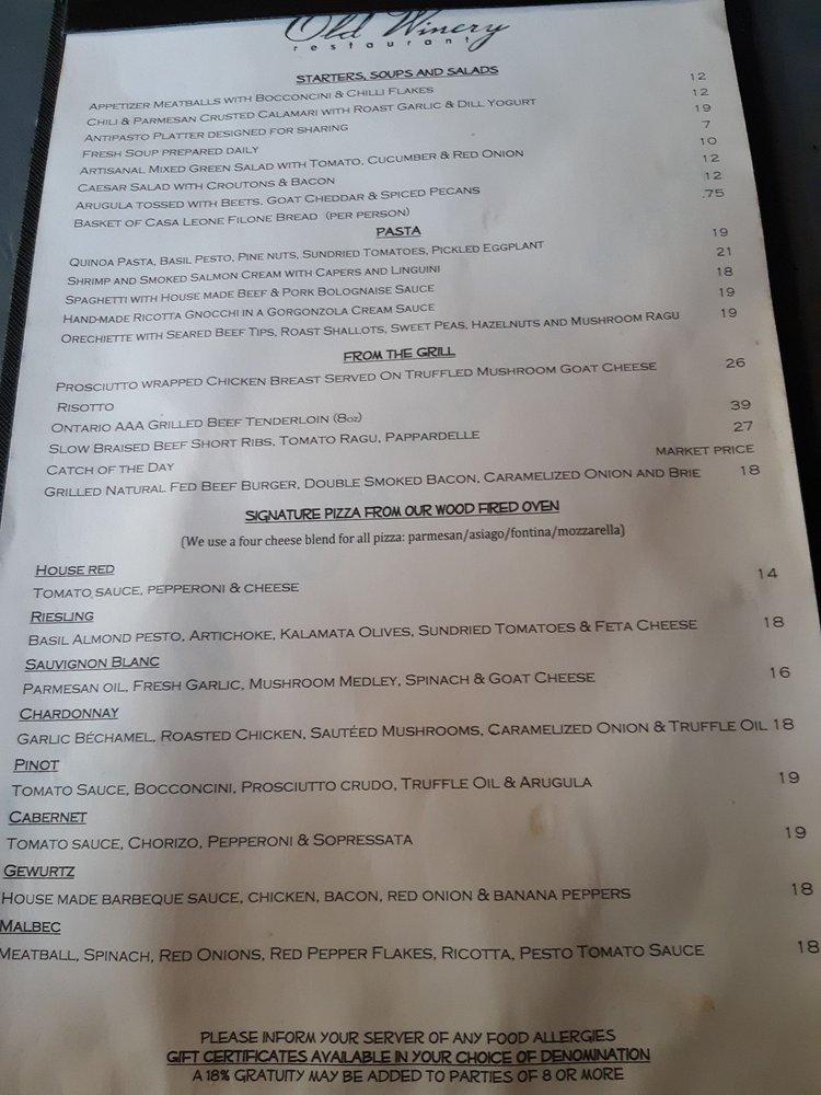 Menu at The Old Winery Restaurant & Wine Bar, Niagara-on-the-Lake
