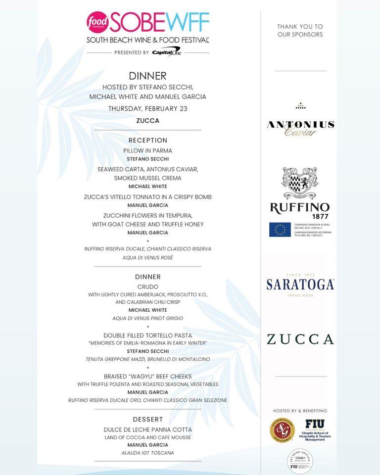 Menu at Zucca restaurant, Coral Gables