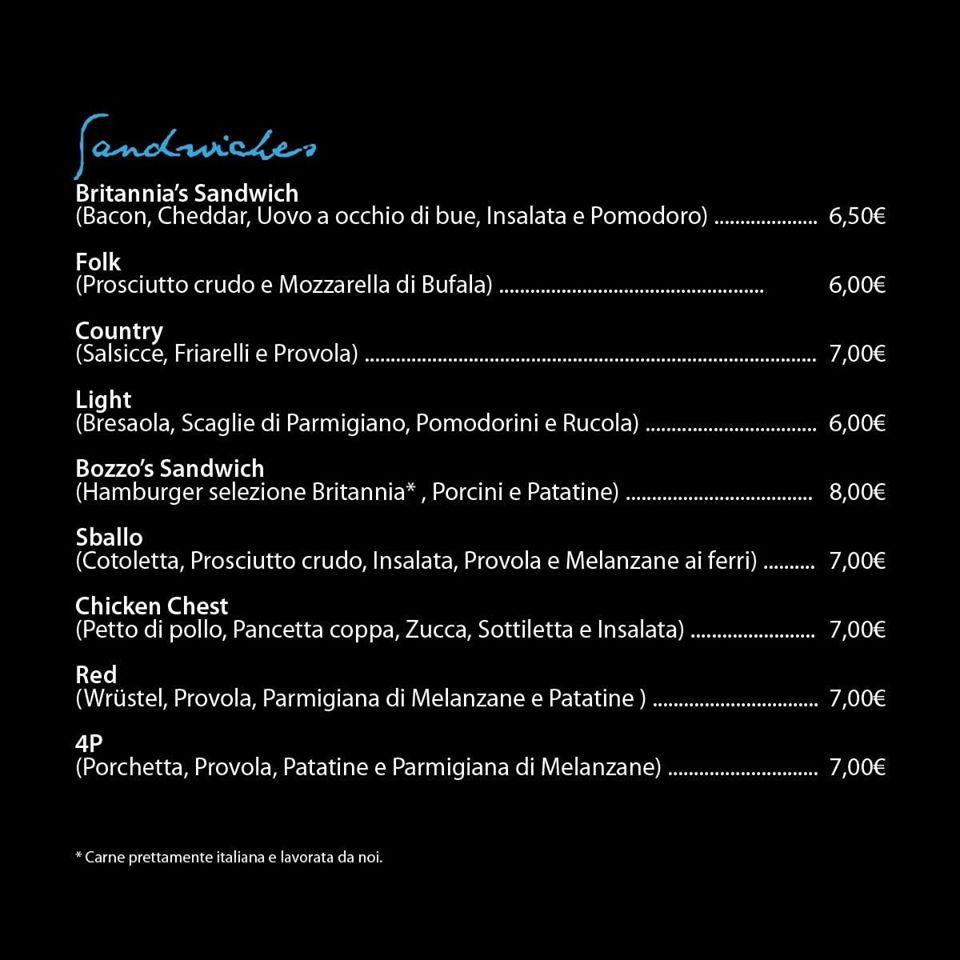 Menu at Britannia by Vagabondo pub & bar, San Vitaliano
