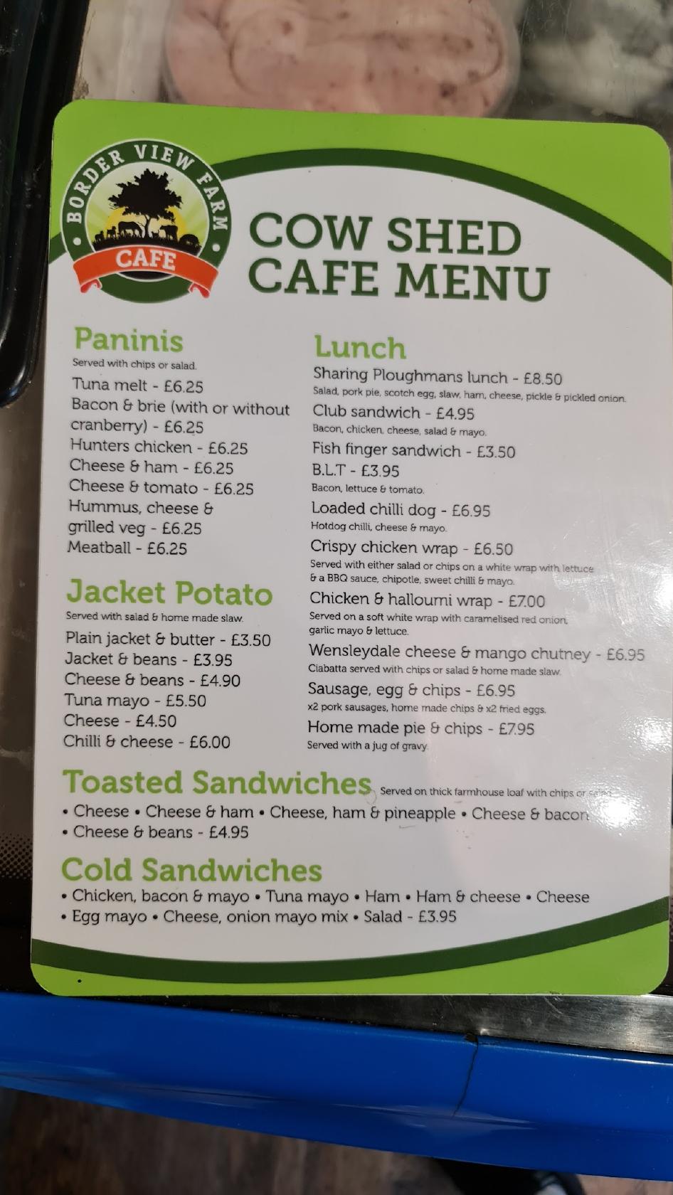 Menu at Cow Shed Cafe, Dronfield