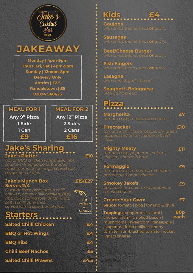 Menu at Jakes Cocktail Bar And Grill, Antrim