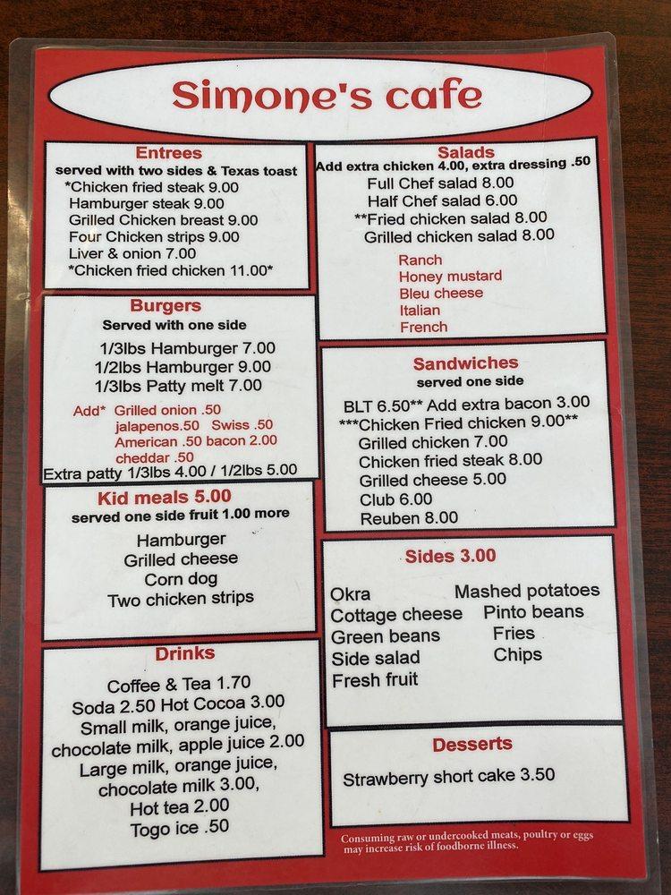 Menu at Simone's Cafe, Guthrie, S Division St
