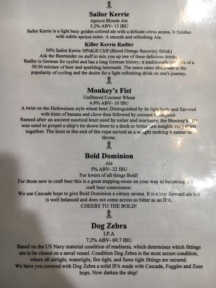 Menu at The Bold Mariner Brewing Company restaurant, Norfolk