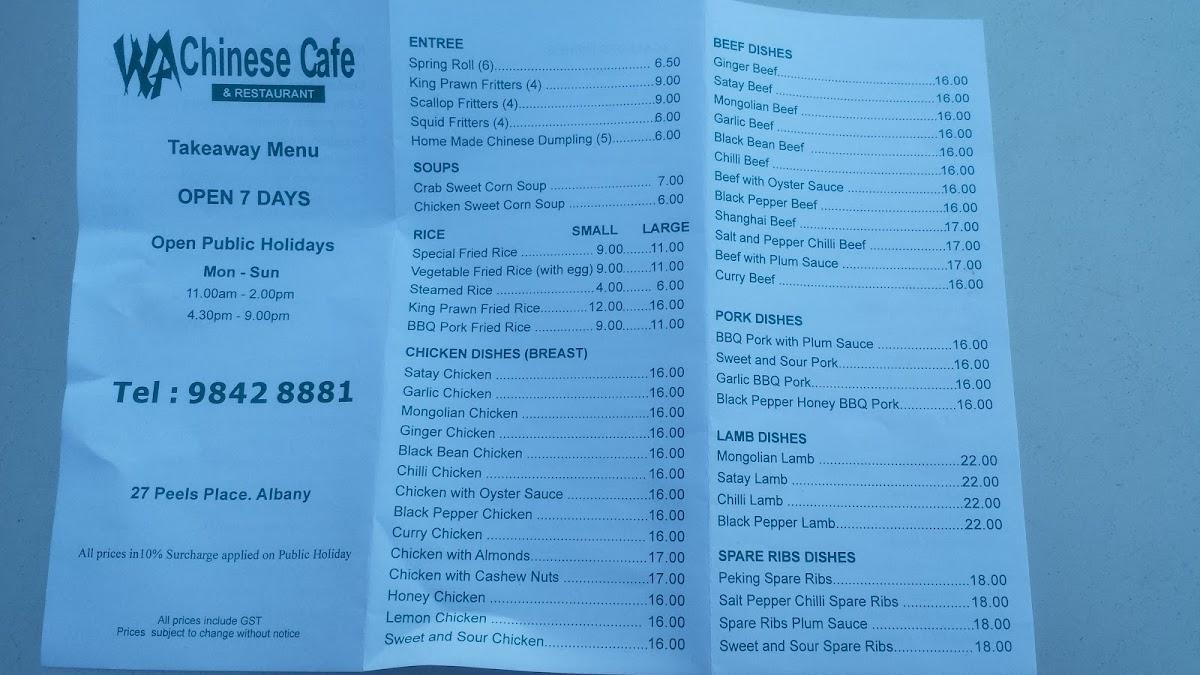Menu at WA Chinese Café & Restaurant, Albany