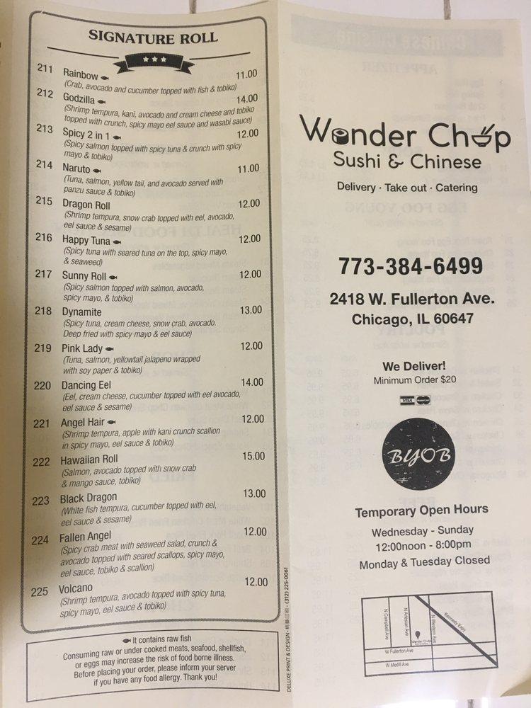 Menu at Wonder Chop restaurant, Chicago