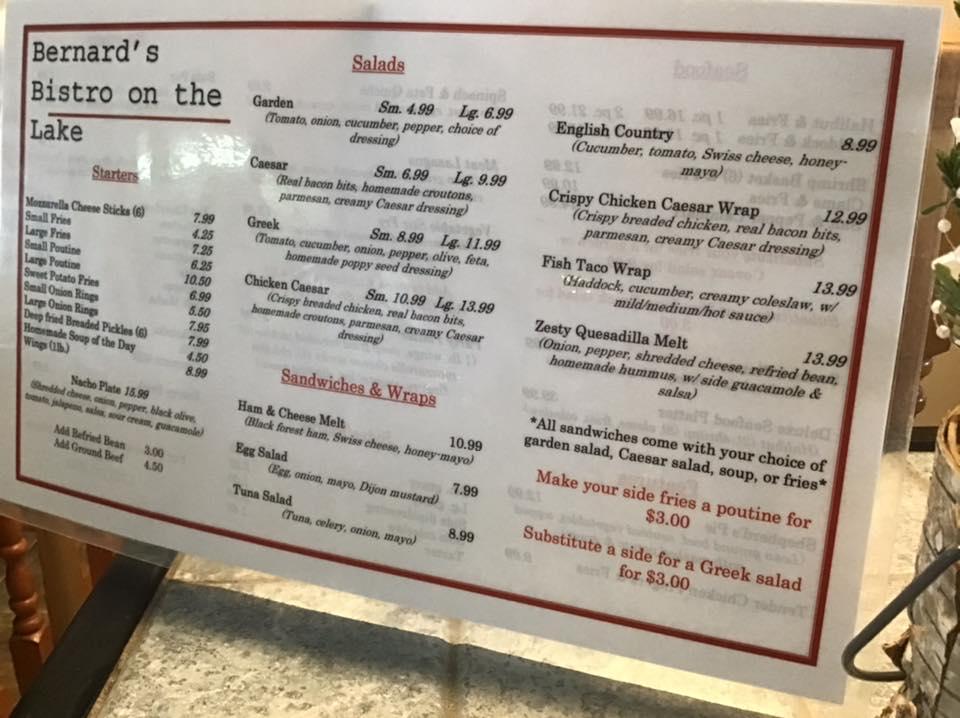 Menu at Bernard's Bistro On The Lake restaurant, Sundridge