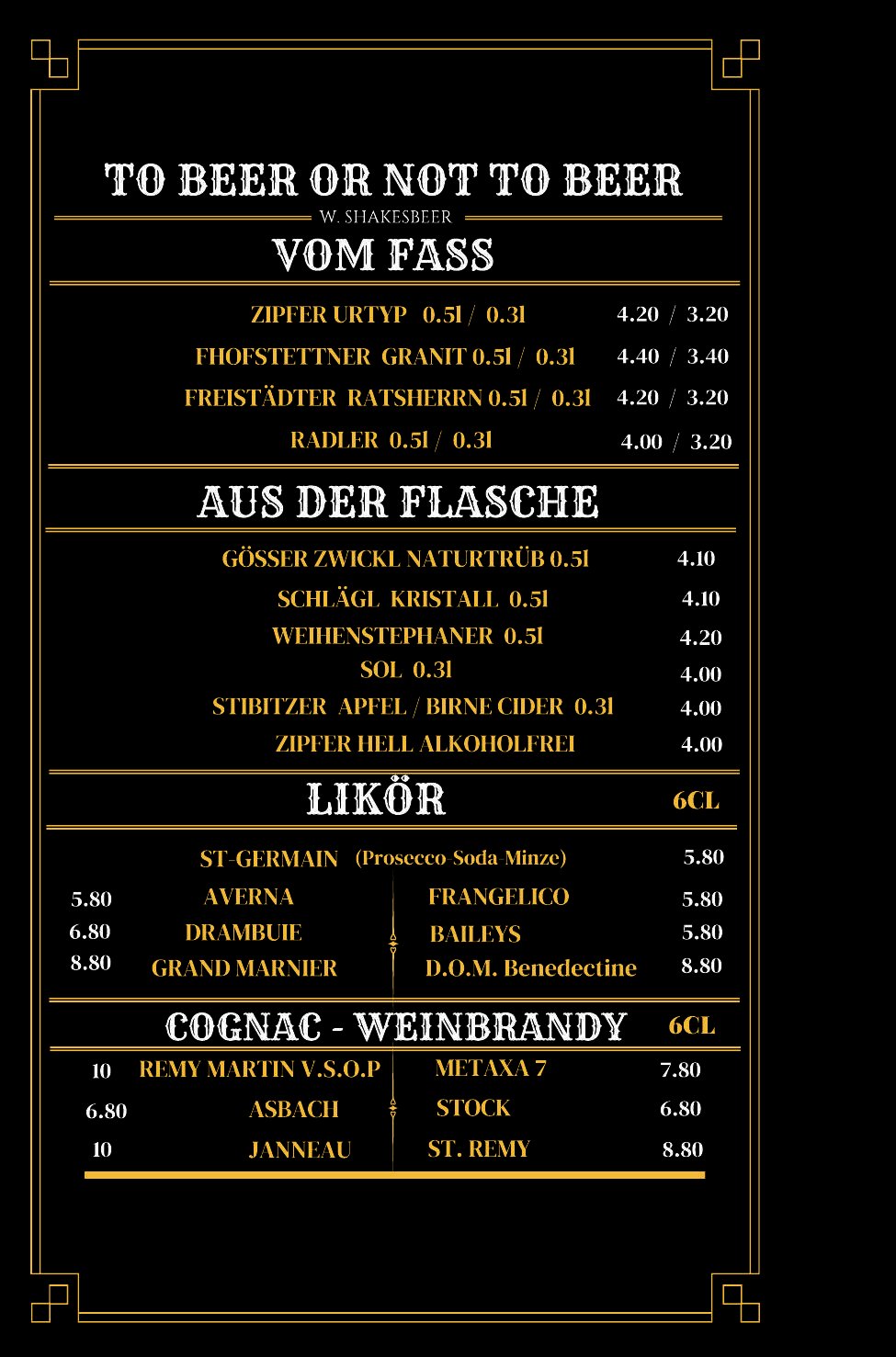 Speisekarte von HEMINGWAY'S COCKTAIL&MUSIC BAR, Linz