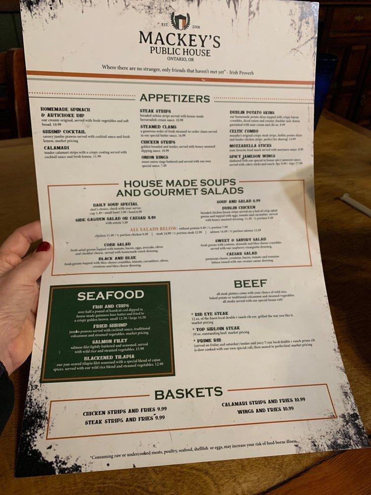 Menu at Mackey's Public House, Ontario