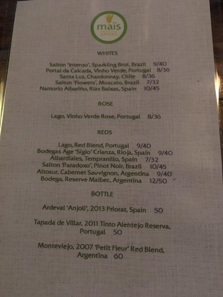 Menu at Maïs Arepas pub & bar, New Orleans