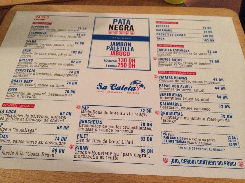 Menu at Sa Caleta restaurant, Rabat