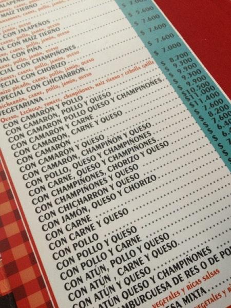 Menu at Super Arepas Don Carlos restaurant, Melgar