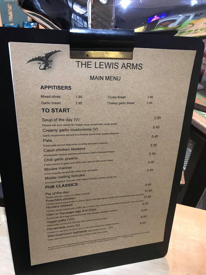 Menu at The Lewis Arms pub & bar, Llanelli, 80 Yspitty Rd