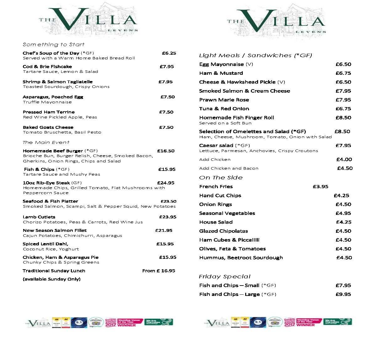Menu at The Villa Levens restaurant, Kendal, A590