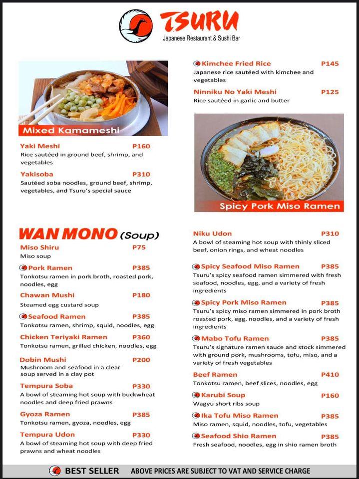 Carta del restaurante Tsuru, Dávao, 3JC5+62M