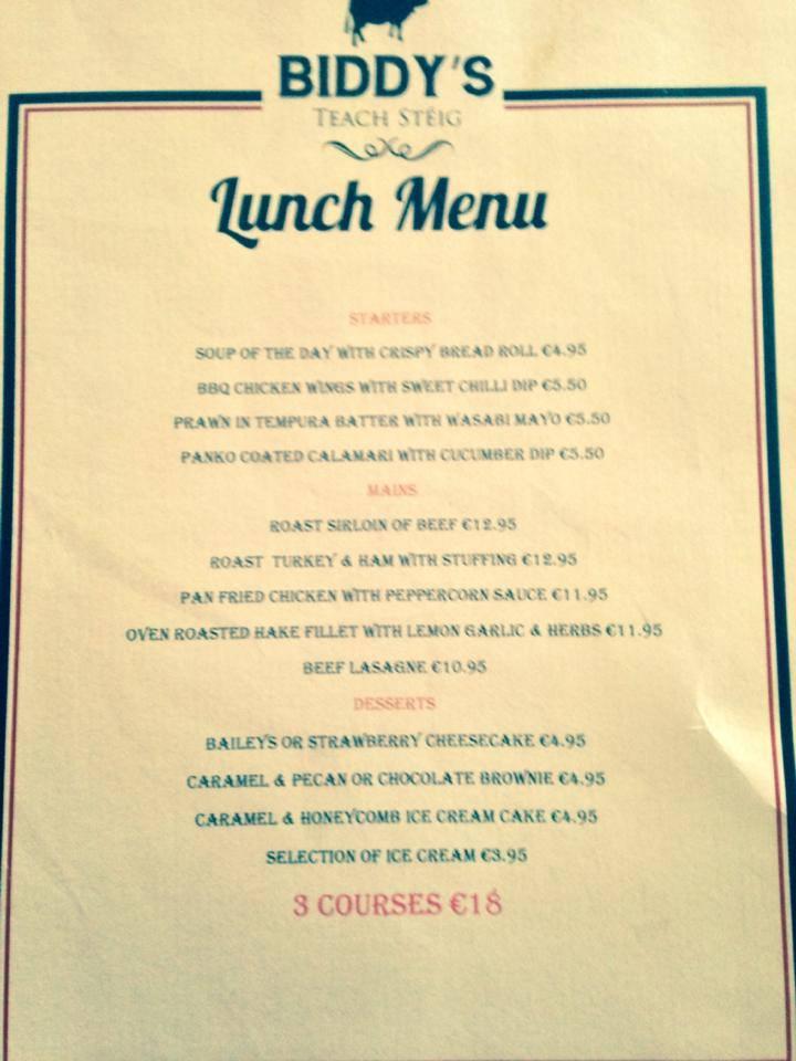 Menu at Biddys Teach Steig pub & bar, Athlone, 85 Sean Costello Street