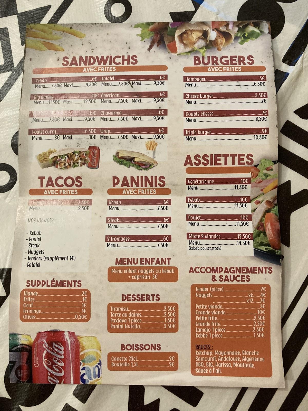 Menu at Damas kebab restaurant, Poitiers