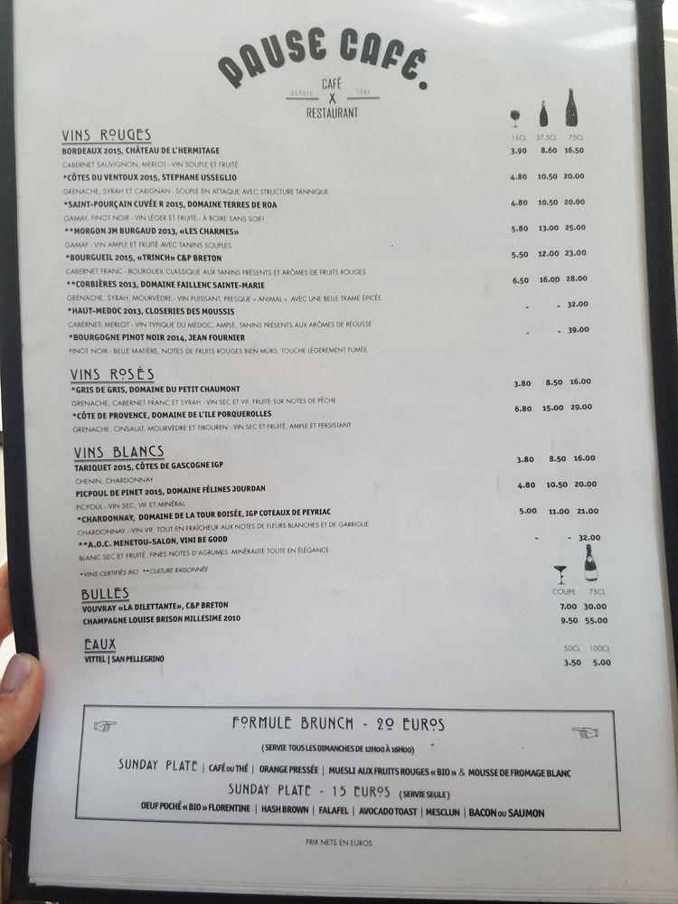 Menu at Pause Café, Paris, 41 Rue de Charonne