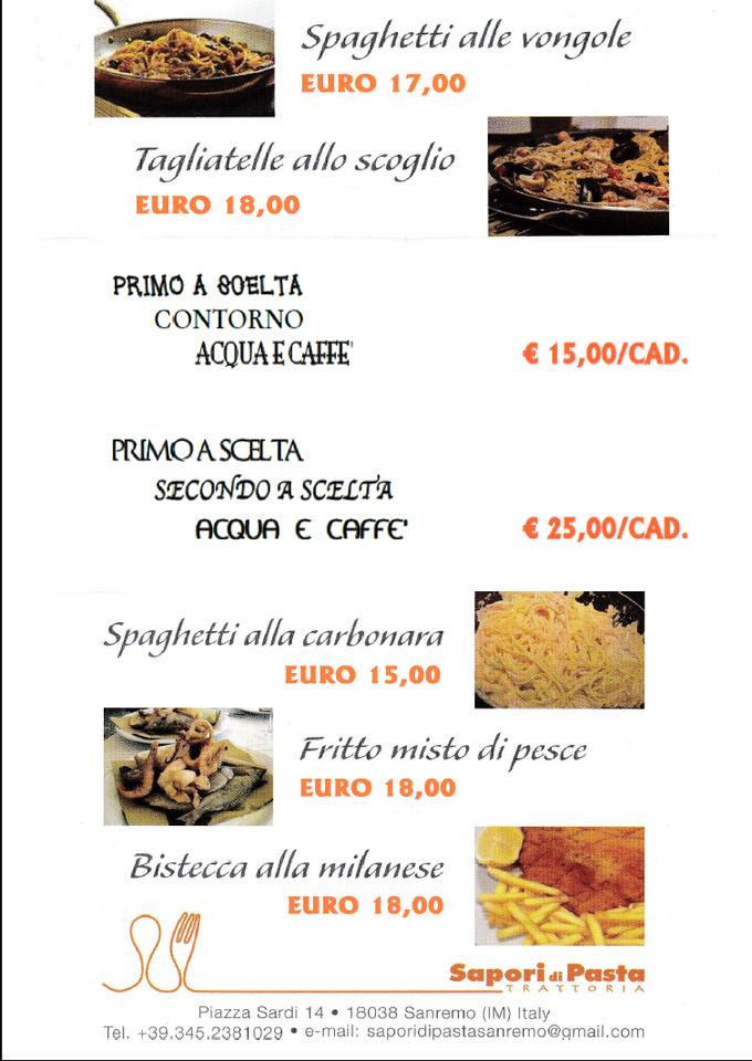Menu at Ristorante Tipico, Sanremo