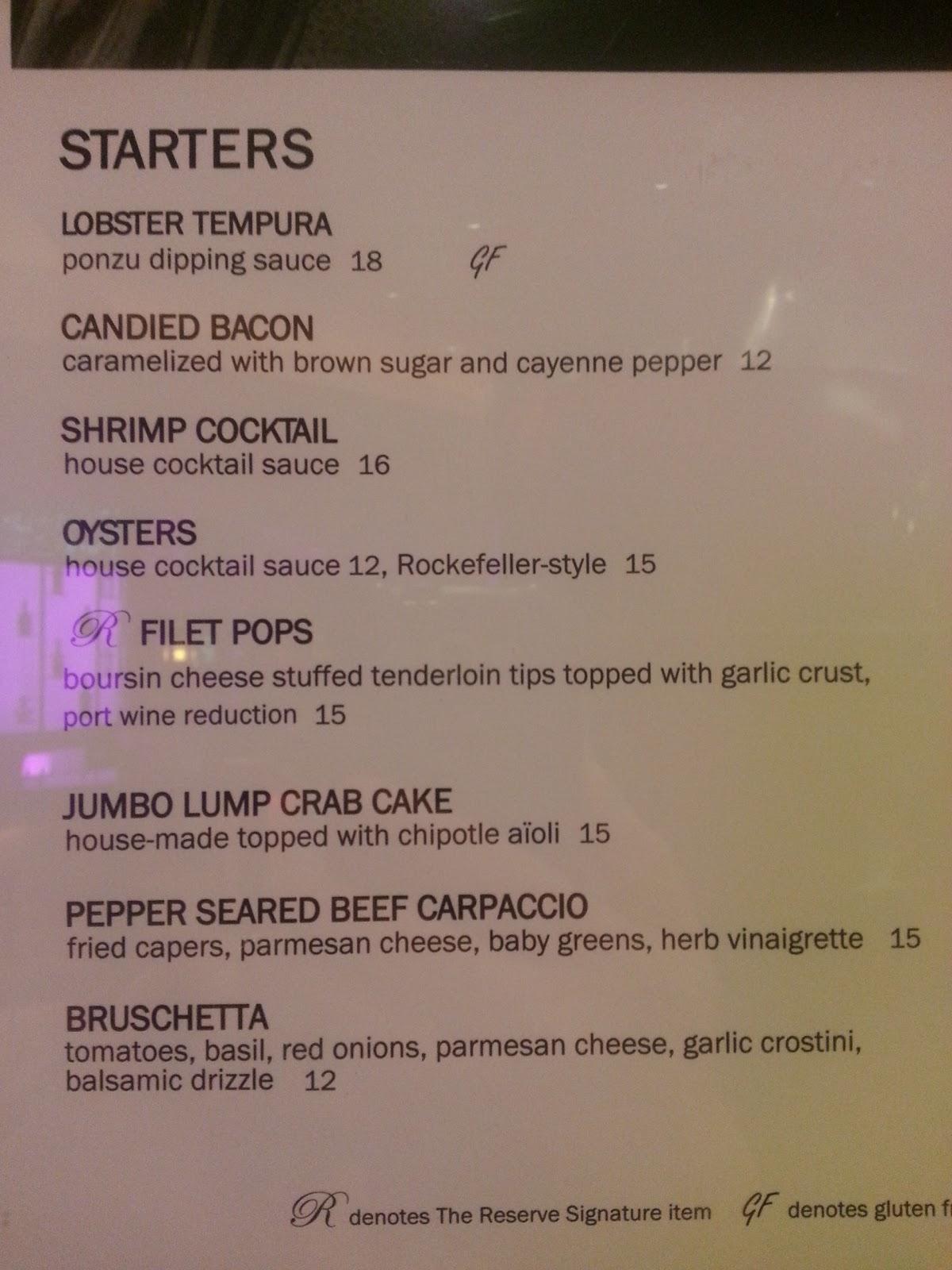 Menu at The Reserve steakhouse, Joliet, 151 N Joliet St