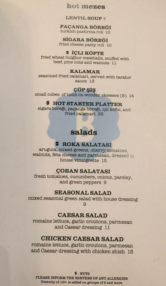 Menu at Barans Turkish Cuisine & BBQ, Toronto