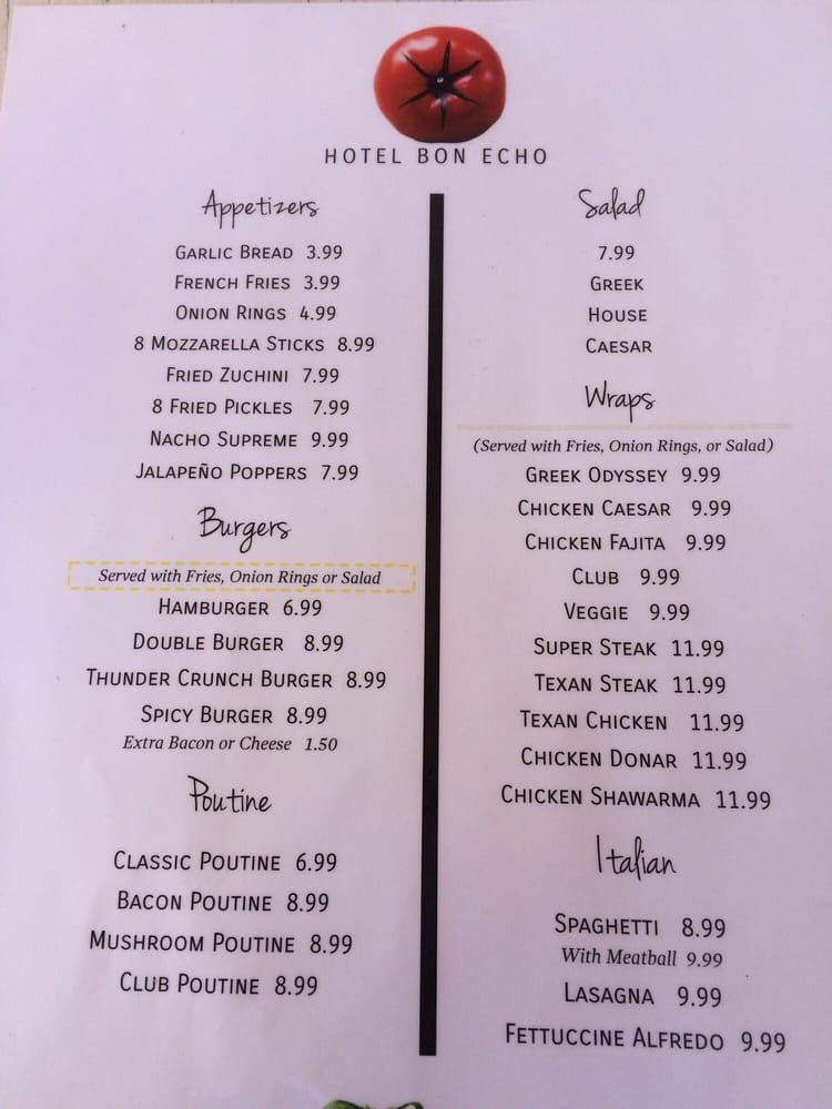 Menu at Bon Echo Hotel, Cloyne