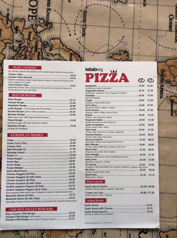 Menu at Kebab King restaurant, Antrim