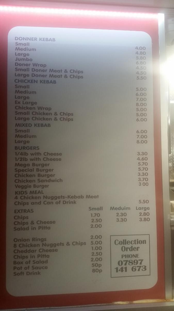 Menu at Kebab Van Haslemere, Haslemere