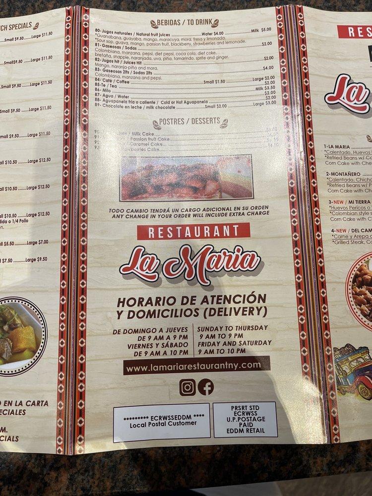 Menu at La Maria restaurant, New York City
