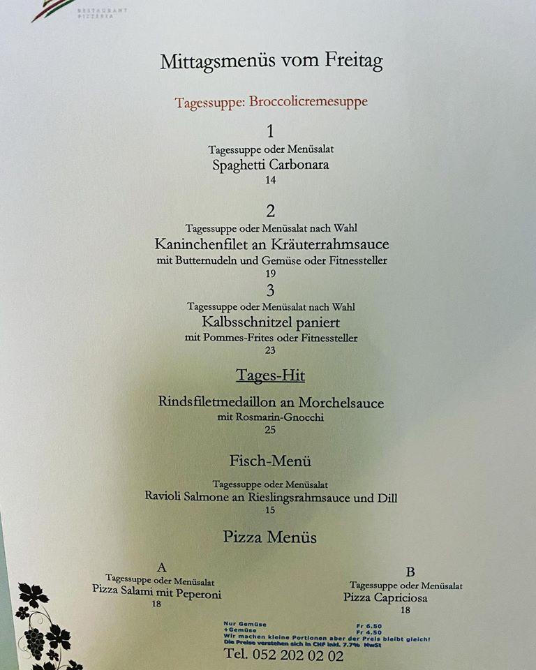 Menu at La Pergola, Winterthur