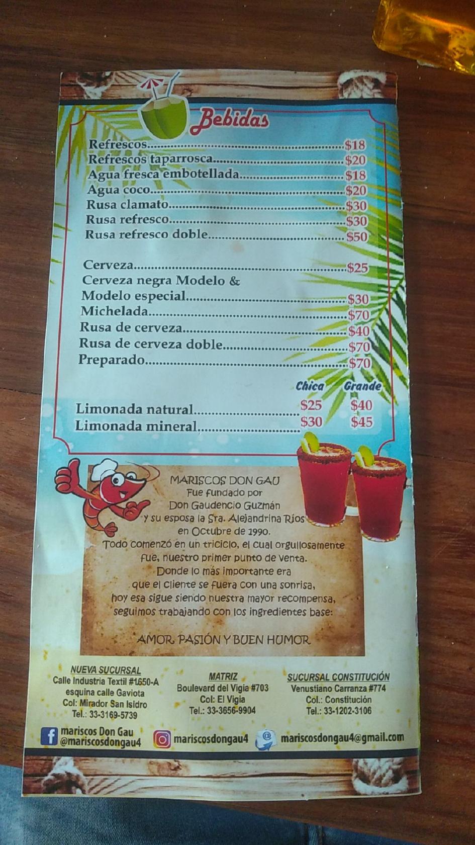 Menu at Mariscos Don Gau restaurant, Zapopan, Av Industria Textil 1650