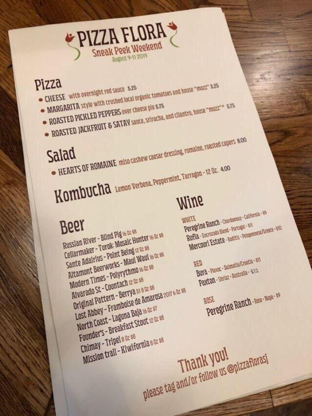 Menu at Pizza Flora pizzeria, San Jose