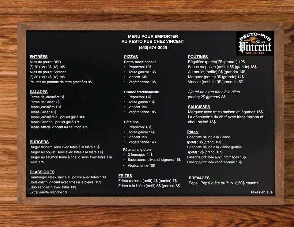Menu au Resto-Pub Chez Vincent, Longueuil