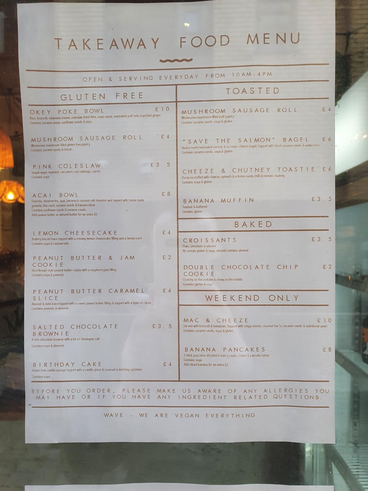 Menu at WAVE restaurant, London