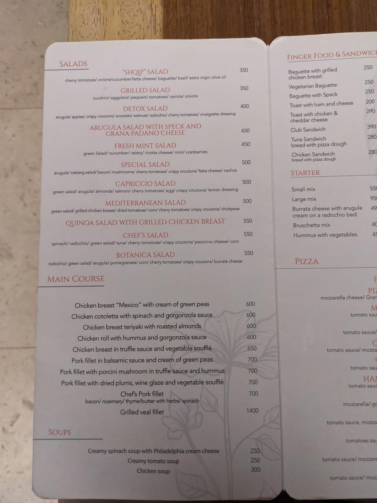 Menu at Cafe Botanica, Tirana