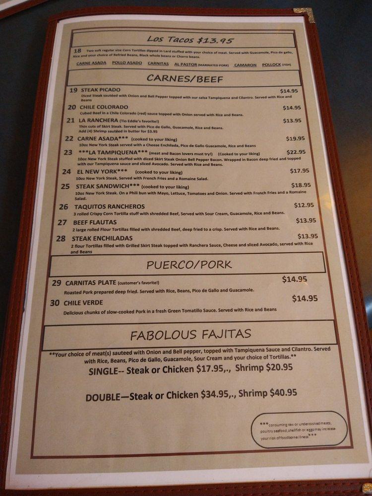 Menu at El Toreo restaurant, Clarkdale