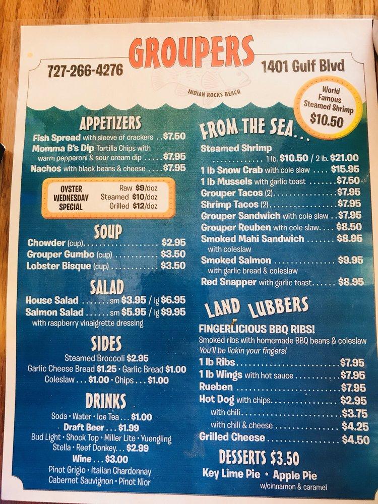 Menu at Groupers on the Gulf restaurant, Indian Rocks Beach