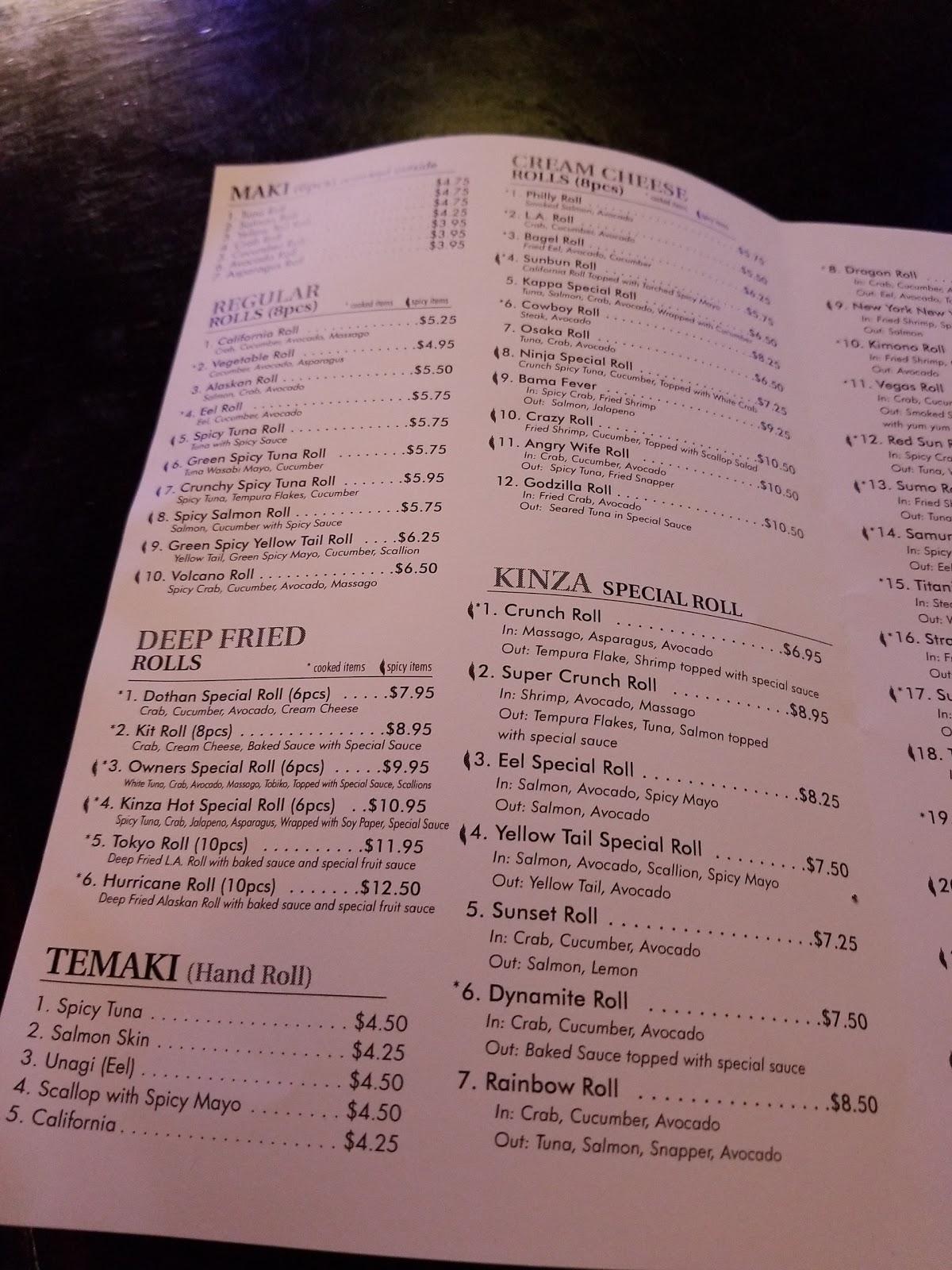 Menu at kinza restaurant, Dothan