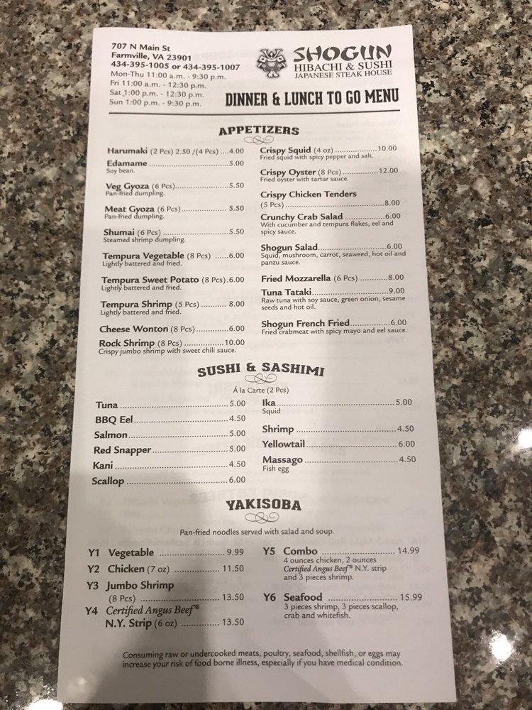 Menu at Shogun Steakhouse, Farmville, 707 N Main St