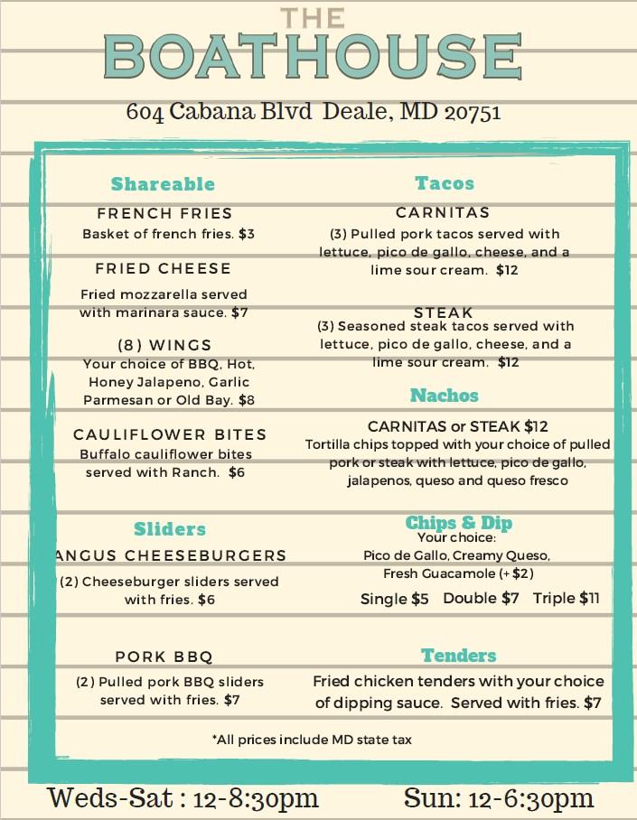 Menu at The Boathouse pub & bar, Deale