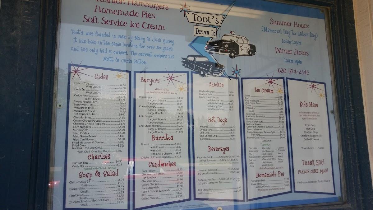 Menu at Toots Drive-In restaurant, Howard, KS-99