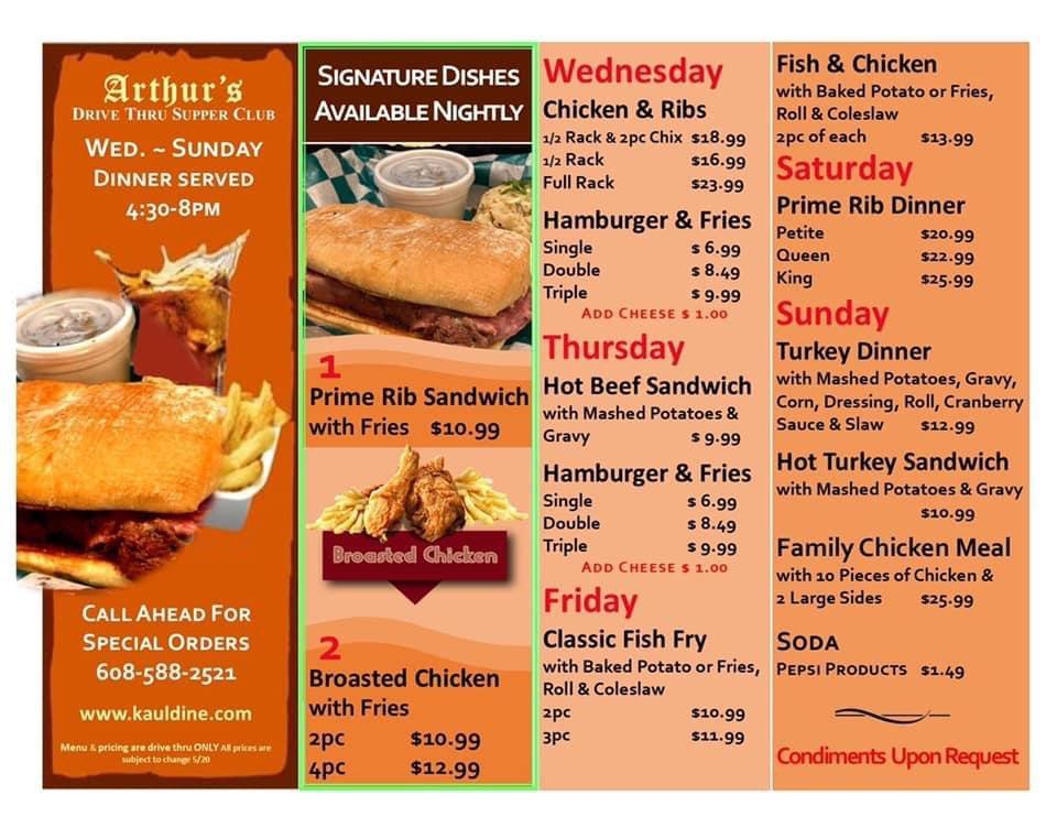 Menu at Arthur's Supper Club, Spring Green, E4885 US-14