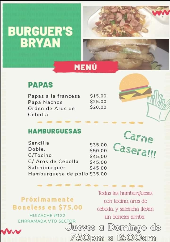 Carta del restaurante Burguer's Bryan, Apodaca