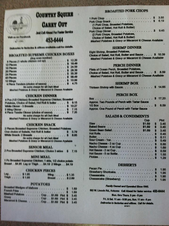 Menu at Country Squire Carry Out restaurant, Kokomo