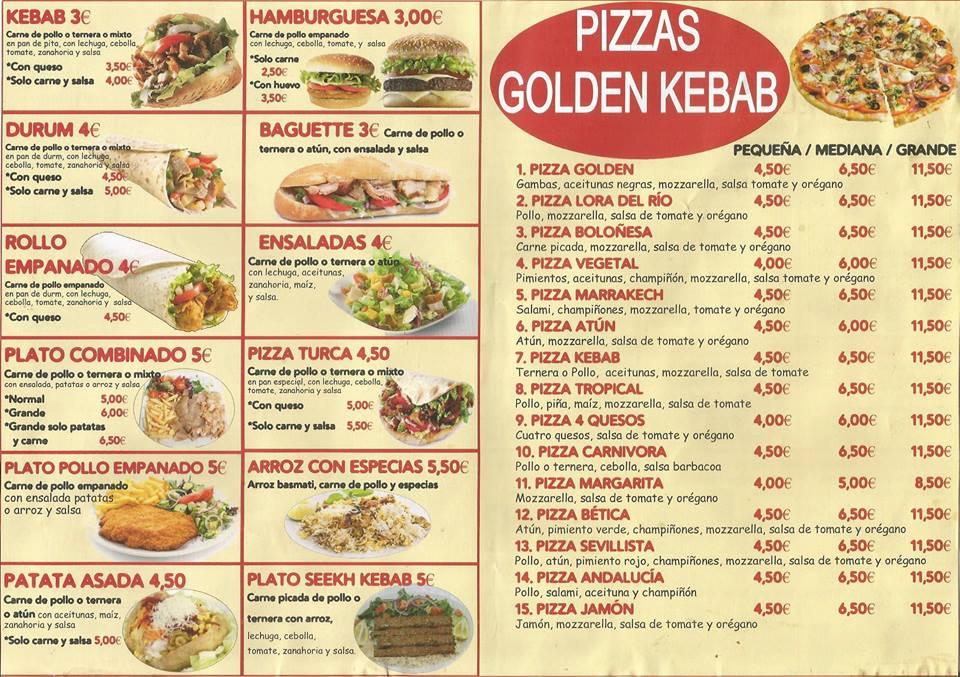Menu at Golden Kebab pizzeria, Lora del Río