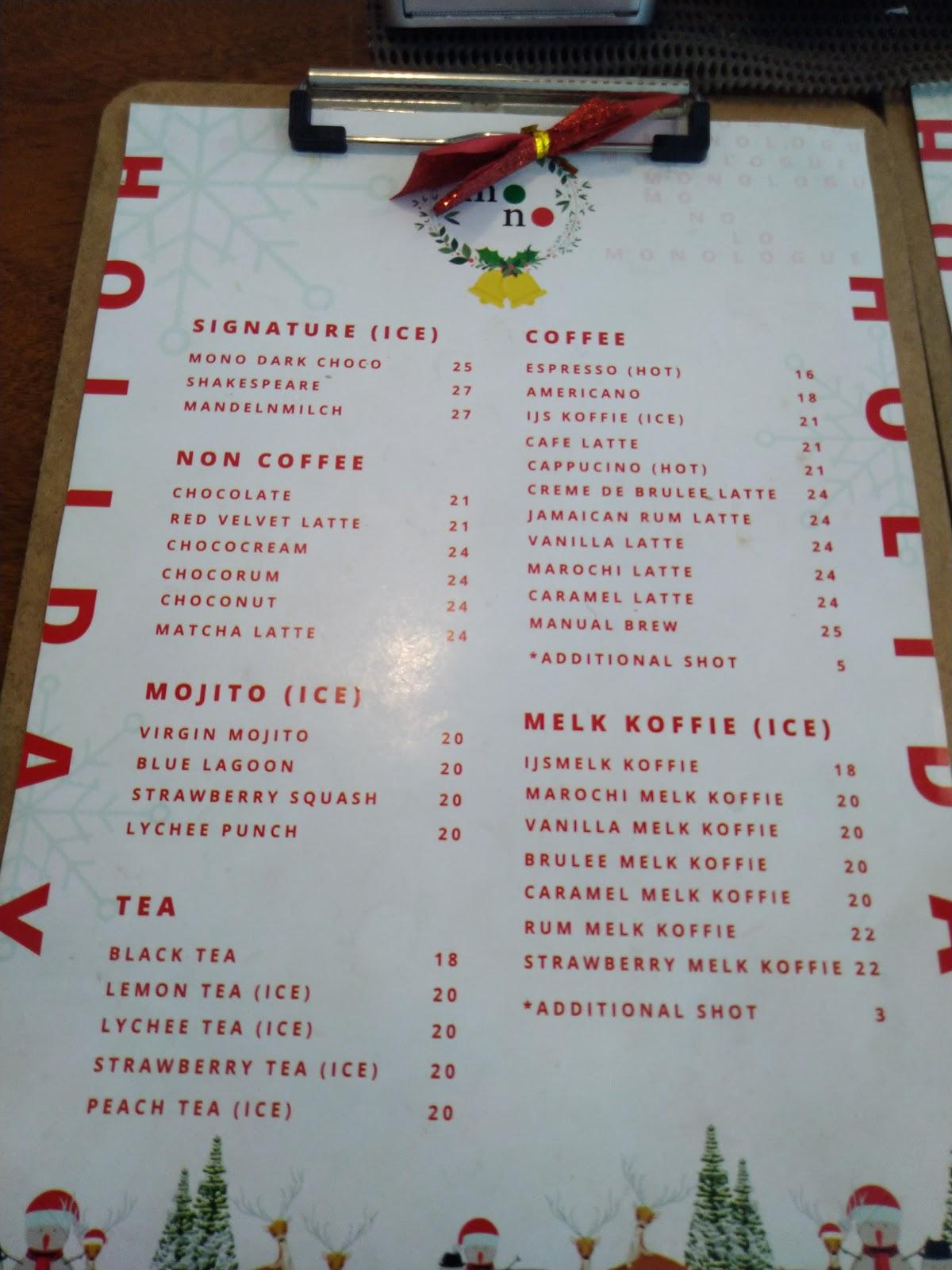 Menu at Monologue coffee shop, Semarang