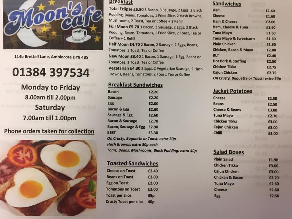 Menu at Moon's Cafe, Stourbridge