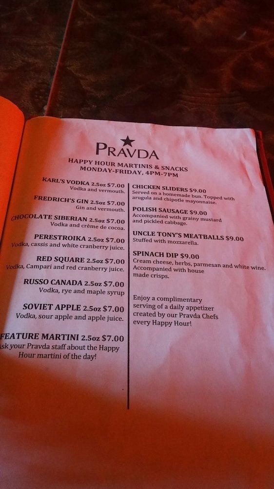 Menu at Pravda Vodka Bar, Toronto