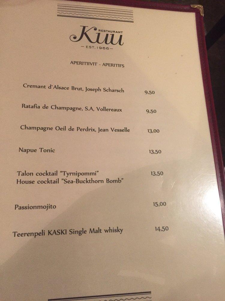 Menu at Restaurant Kuu, Helsinki, Töölönkatu 27
