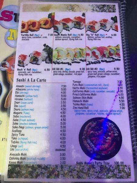 Menu at Sushi Mania restaurant, San Jose
