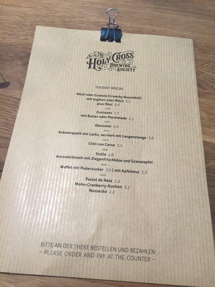 Menu at The Holy Cross Brewing Society cafe, Frankfurt